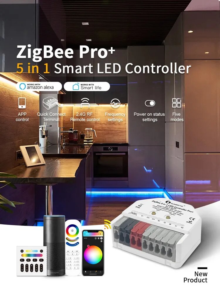 Контроллер для светодиодной ленты GLEDOPTO ZigBee 3.0 Pro+ Ultra Mini 5в1 DC12-24V RGB CCT WWCW управление через приложение Alexa голосовое ZigBee2mqtt Conbee