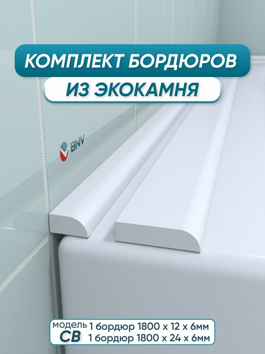 Акриловый бордюр плинтус для ванны BNV СВ12 + СВ24 180 сантиметров 2шт, белый цвет, глянцевая поверхность