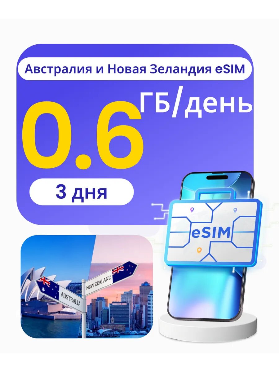 Австралия и Новая Зеландия eSIM-карта 0,6 ГБ/день на 3 дня