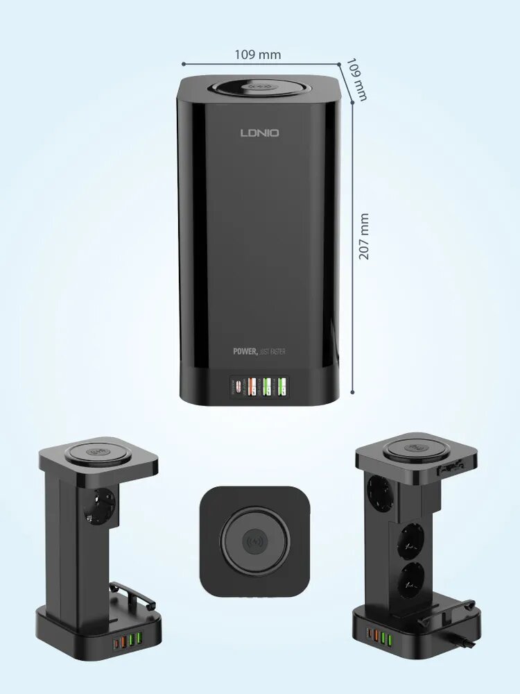 Сетевой фильтр с беспроводной зарядкой 15W и USB-C 30W, 4 розетки, кабель 2м — фото 1