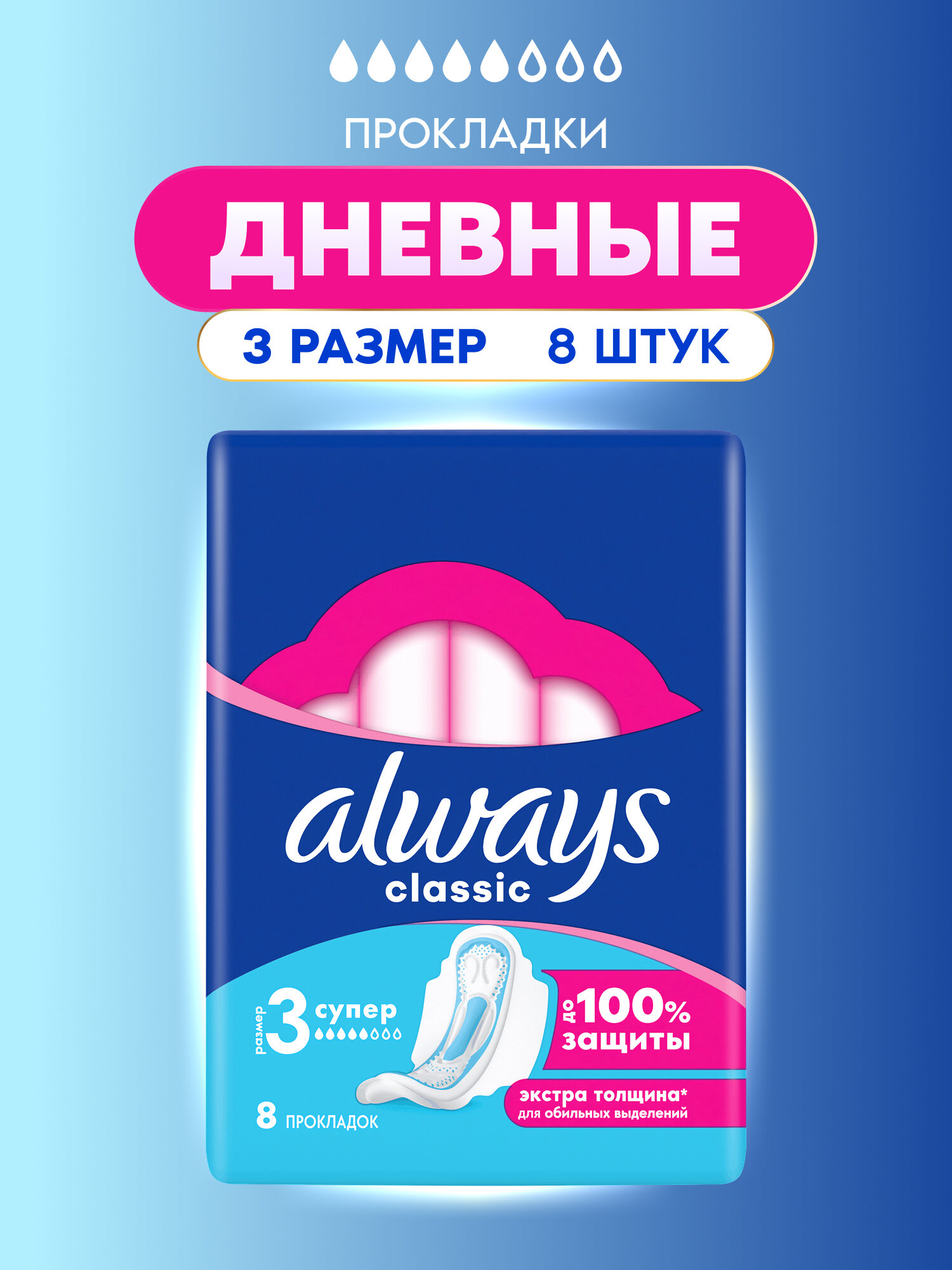 Женские гигиенические прокладки с крылышками ALWAYS Classic Maxi Dry размер 3, 8 шт.