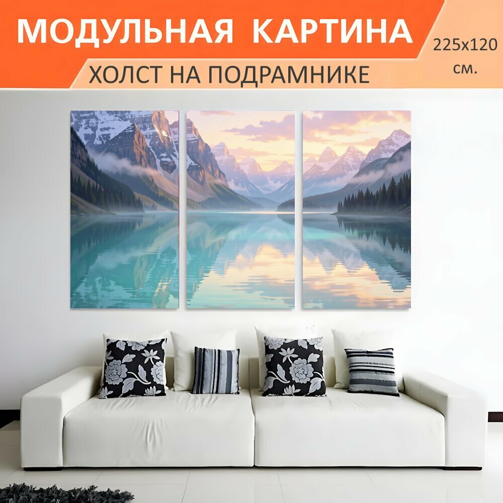 Модульная картина на холсте "Горные вершины у бирюзового озера. Снежные пики, туманная долина и спокойная гладь воды в пастельных." триптих на подрамнике 225х120 см. для интерьера