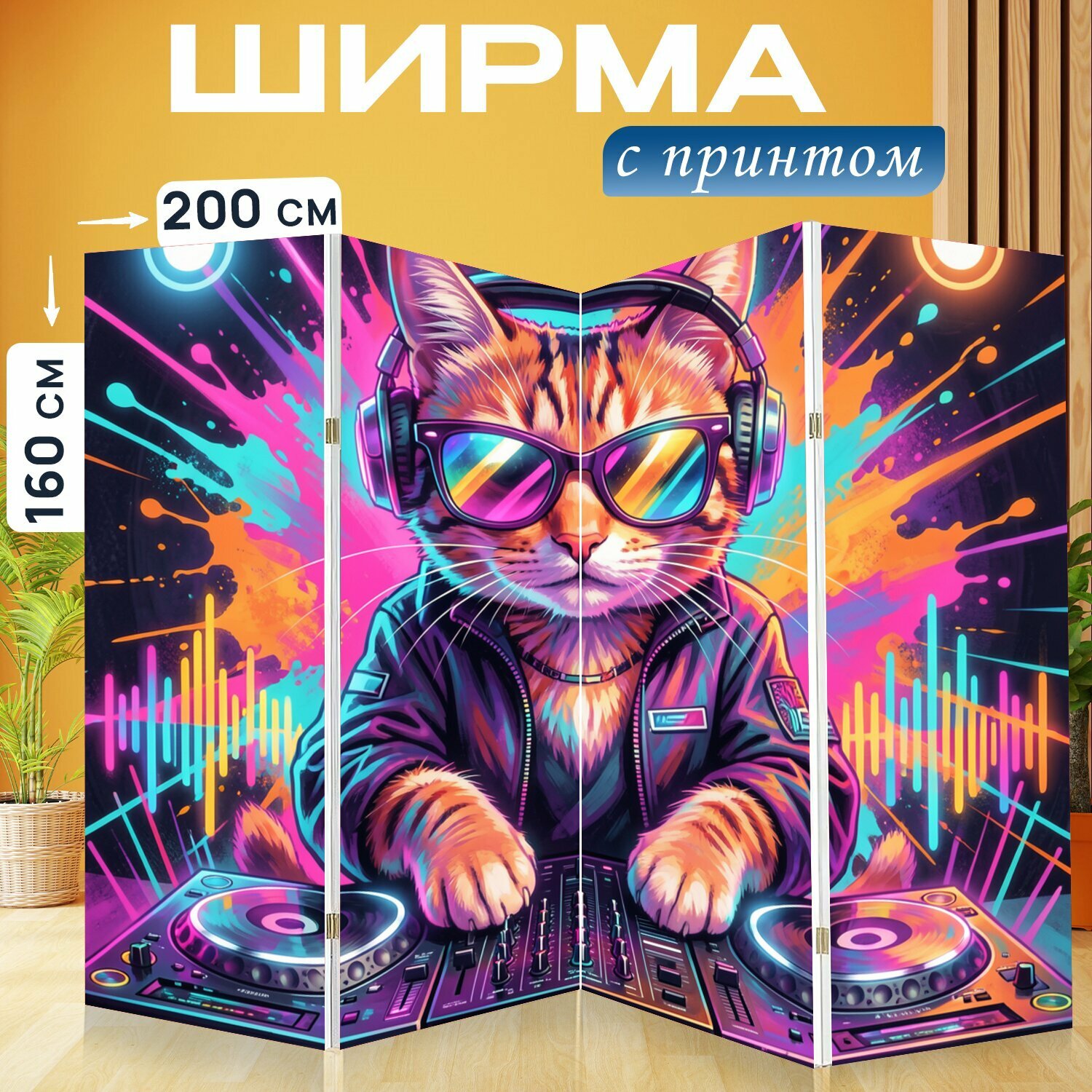 Ширма "Кот-диджей в неоновых очках. Яркий неоновый арт с рыжим котом в наушниках и солнцезащитных очках за." перегородка для зонирования комнаты с принтом 200x160 см. на холсте