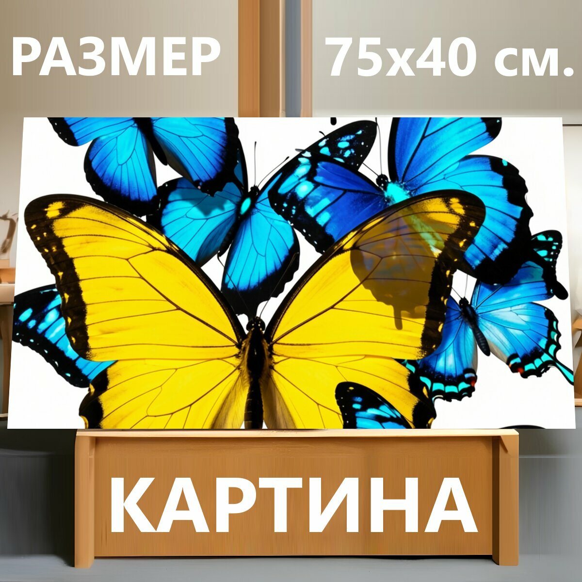 Картина на холсте "Яркие бабочки на белом фоне. Стая разноцветных крылатых насекомых в насыщенных синих, голубых, жёлтых и красных оттенках." на подрамнике 75х40 см. для интерьера