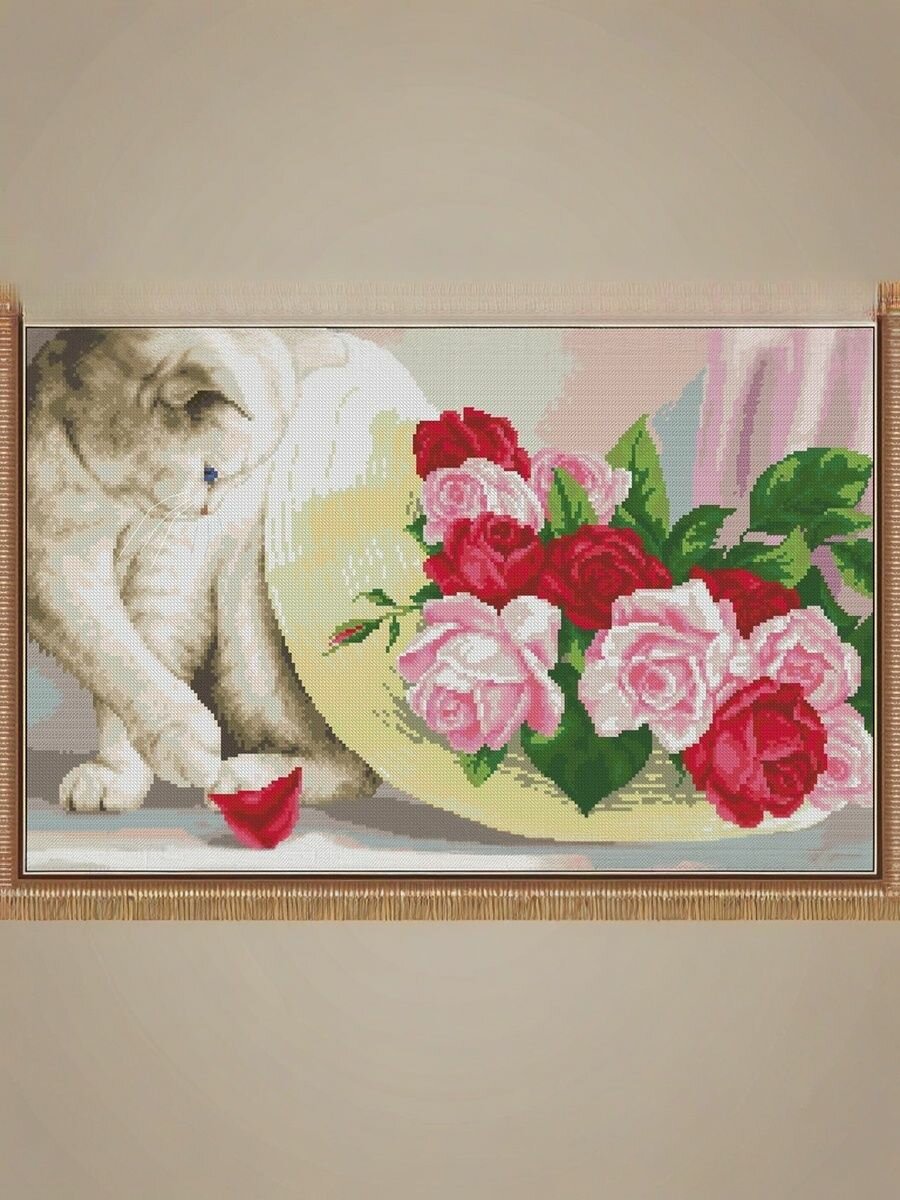 Набор для вышивки Amishop "Кот и роза", 14CT Aida, 252 x 162 стежков, 39 цветов, 29 x 46 cm