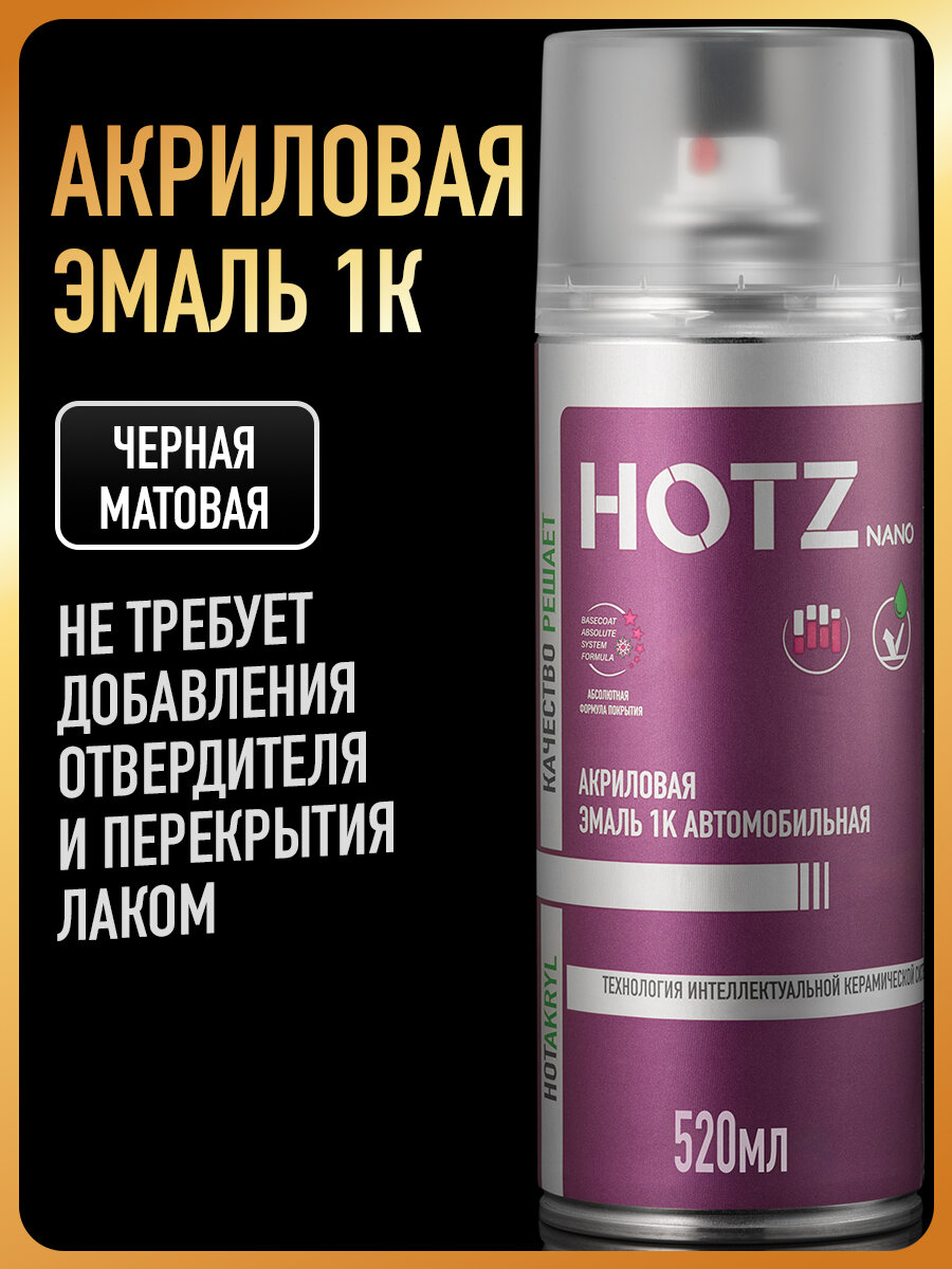 Акриловая краска автомобильная 1К Черная матовая, 520 мл (не требуется отвердитель), HOTZ