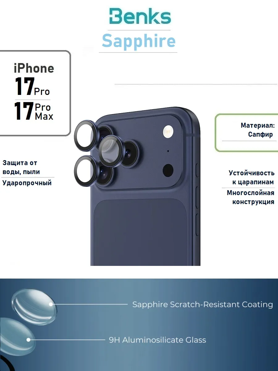 Защита объектива камеры Benks DR Sapphire Lens Protector для iPhone 17 Pro/Pro MAX синий (Blue) C. M. SX. AP. BE. E070