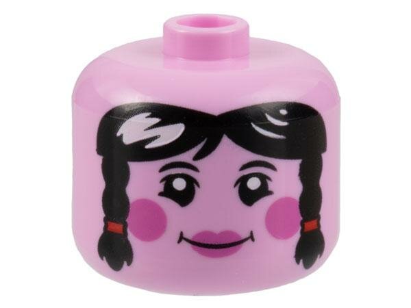 Деталь Lego 79435pb03 Minifigure, Head, Modified Giant Female Black Eyebrows and Hair with Braids, Dark Pink Circles on Cheeks and Lips, Grin Pattern - Vented Stud