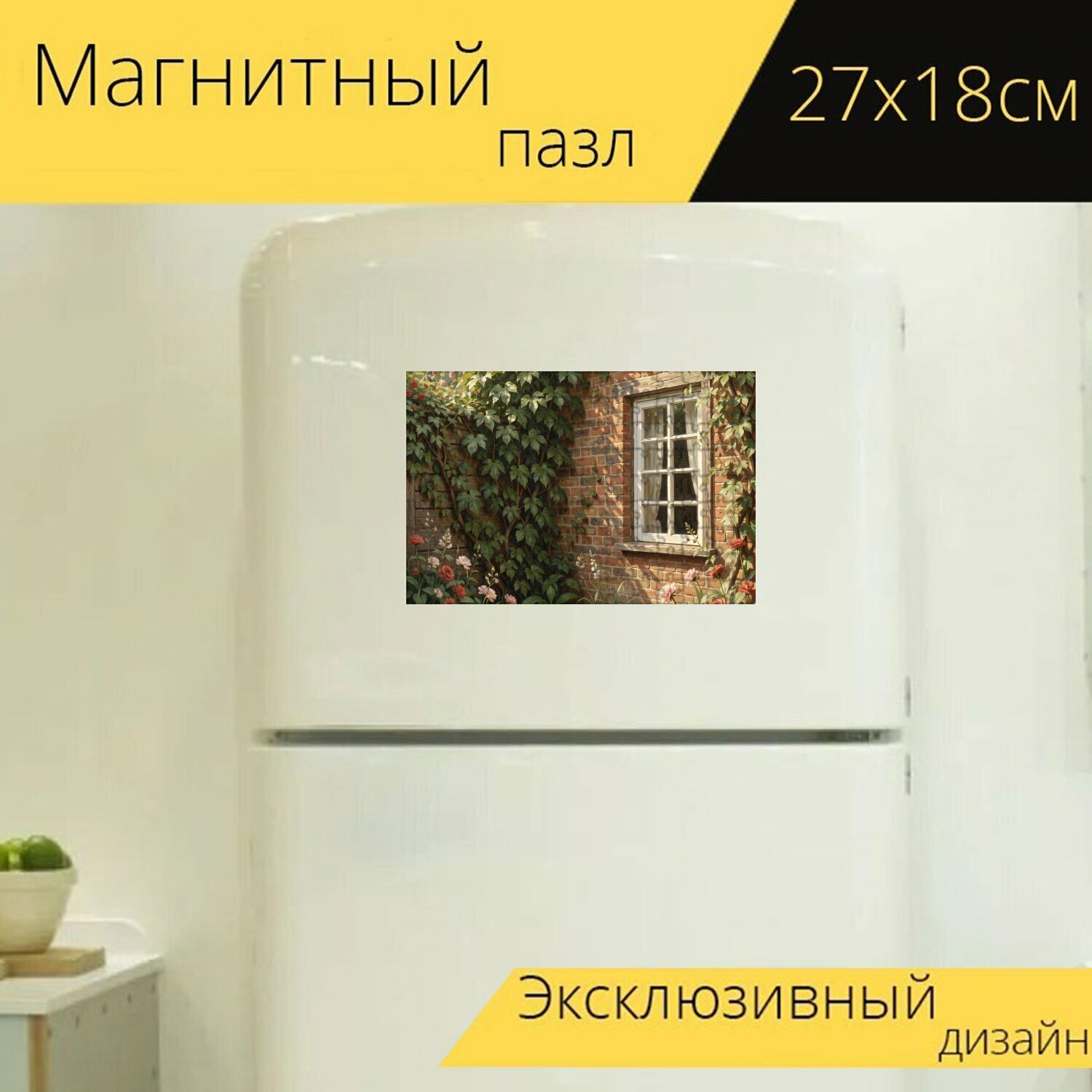 Магнитный пазл "Дом с цветущим садом. Уютный кирпичный фасад с белым окном, оплетённый зелёным вьюном и окружённый нежными розовыми и красными цветами." на холодильник 27 x 18 см.