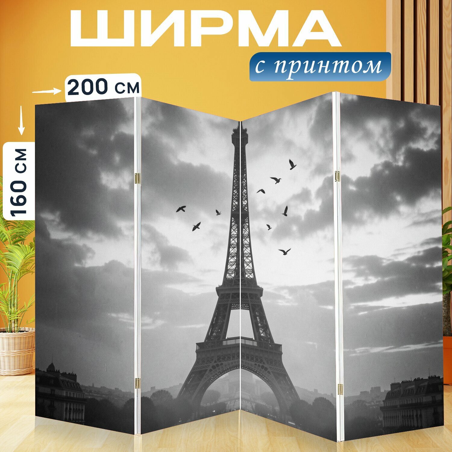 Ширма "Эйфелева башня в облаках. Монохромный вид Парижа с высокой ажурной башней в центре, летящими птицами и." перегородка для зонирования комнаты с принтом 200x160 см. на холсте