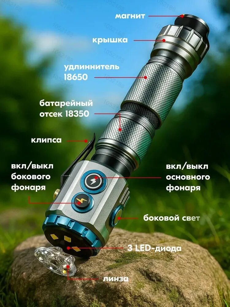 Фонарь-прожектор с 2 аккумуляторами 18350A и 18650A, мощный ручной тактический фонарик с магнитом — фото 1