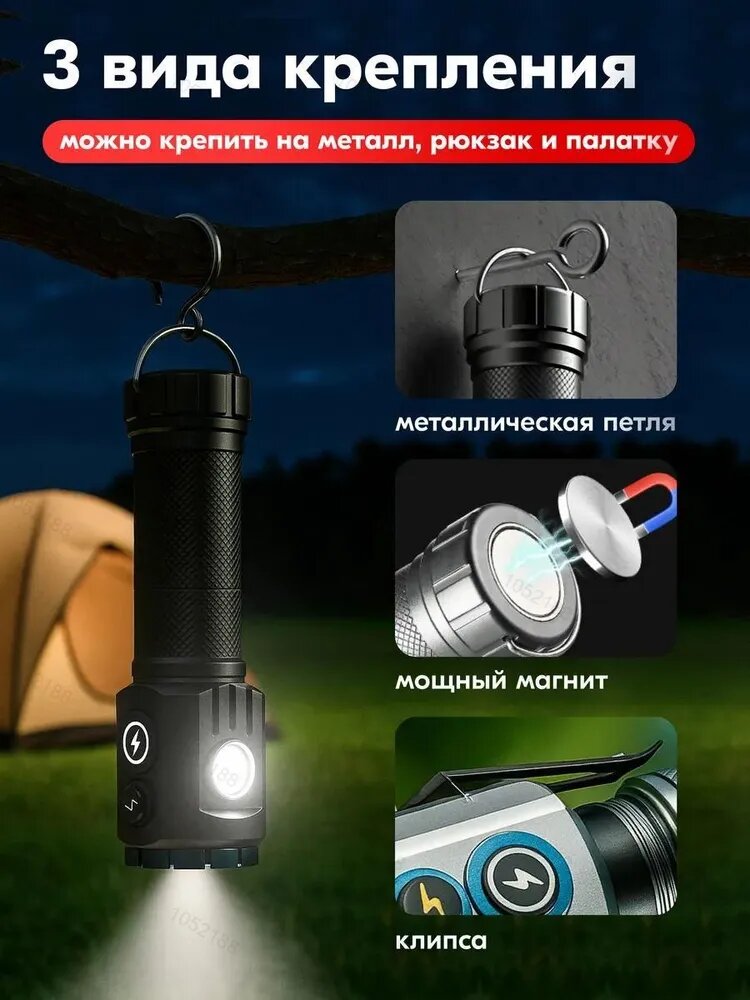 Фонарь-прожектор с 2 аккумуляторами 18350A и 18650A, мощный ручной тактический фонарик с магнитом — фото 1