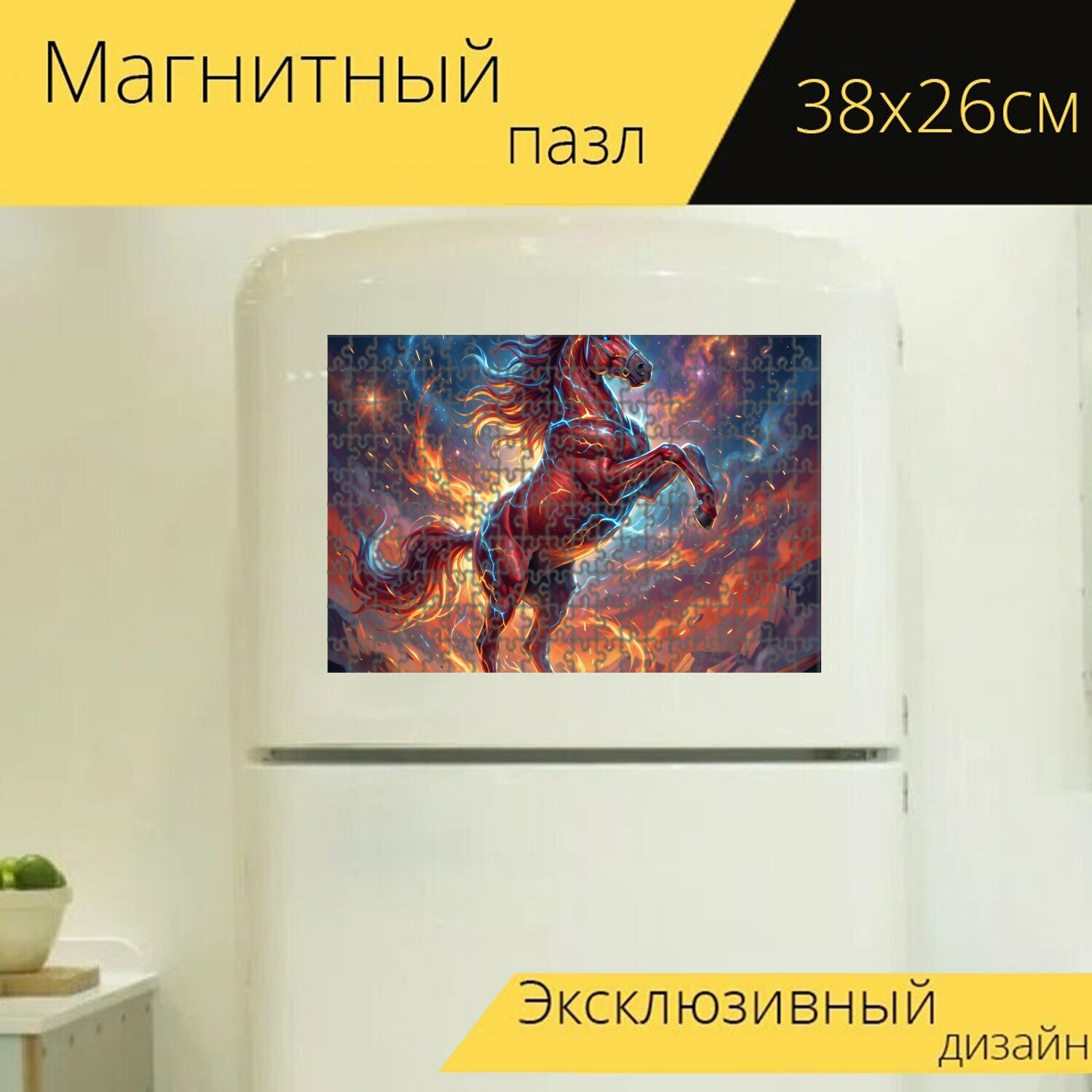Магнитный пазл "Огненный волшебный конь в космосе. Эпический фантазийный скакун с сияющими молниями на корпусе, окружённый пламенем и звёздной туманностью." для интерьера, 38х26 см.