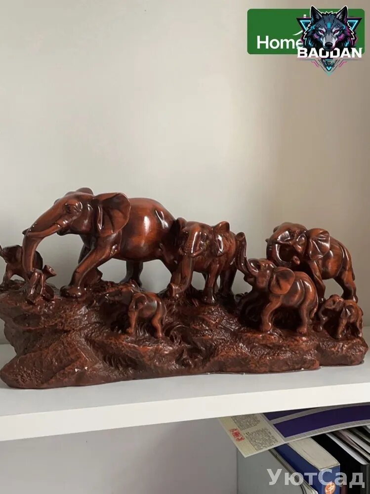 Статуэтка Семь Слонов из смолы, коричневая, 36x10x16 см, для интерьера, подарок на новоселье — фото 1