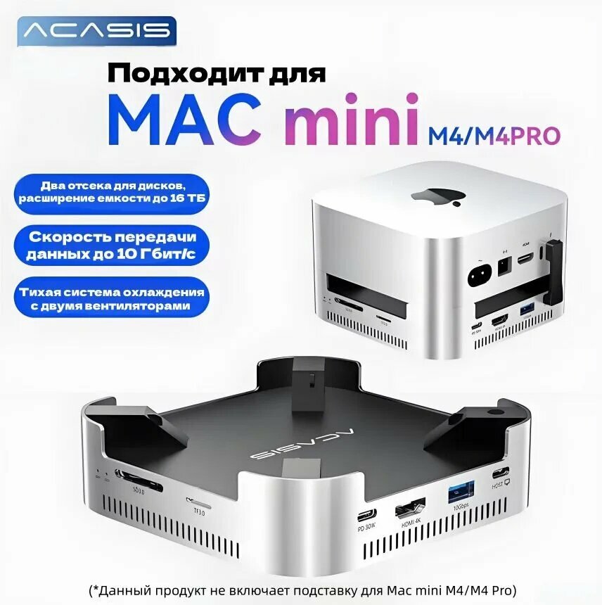 Док-станция Acasis для Mac Mini с интерфейсом USB-C 10 Гбит/с, поддержкой DisplayPort 4K/144 Гц, двумя слотами NVMe M.2 SSD и зарядкой PD 30W для Mac Mini M4/M4 Pro