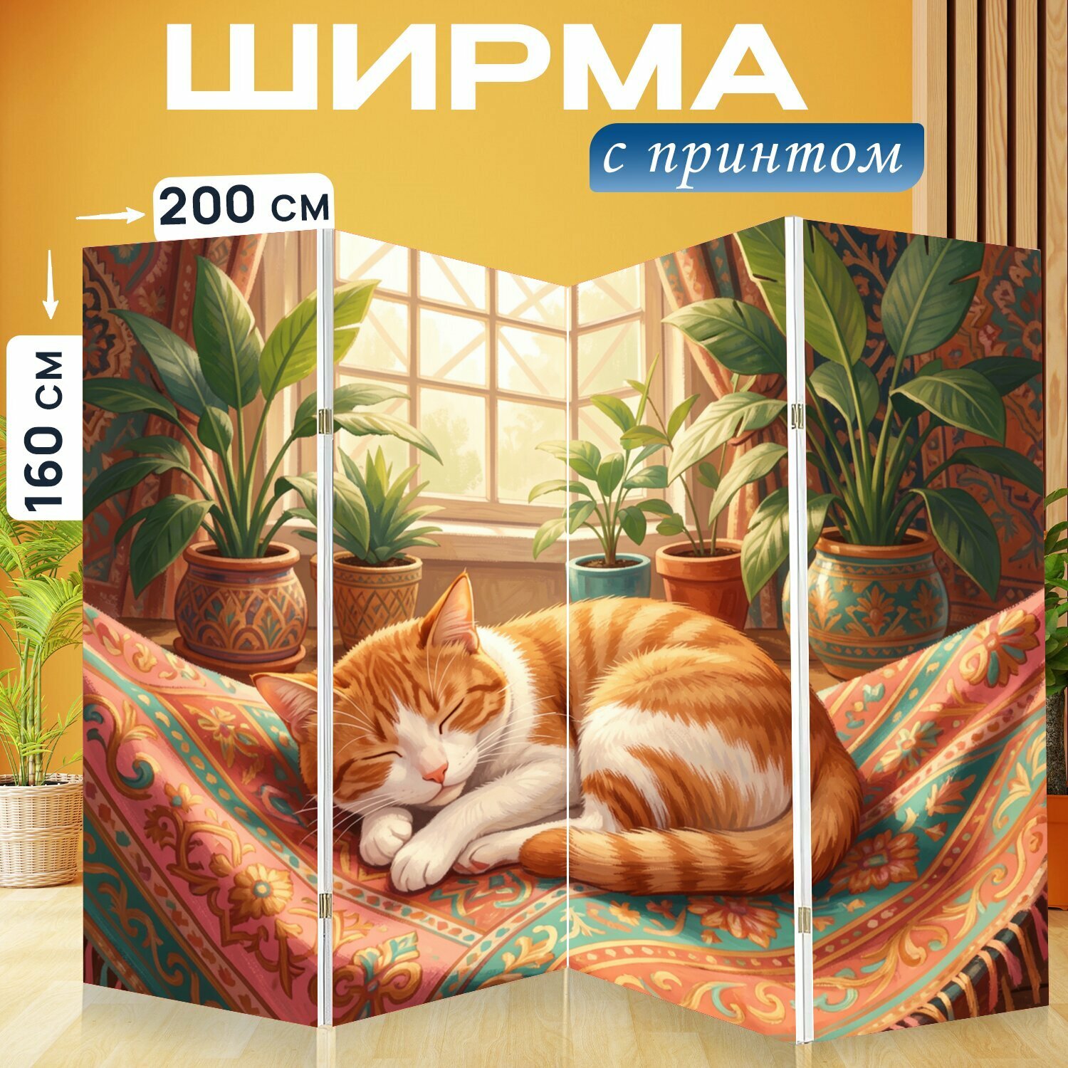 Ширма "Рыжий кот на гамаке. Спящий полосатый питомец у солнечного окна среди комнатных растений в керамических." перегородка для зонирования комнаты с принтом 200x160 см. на холсте