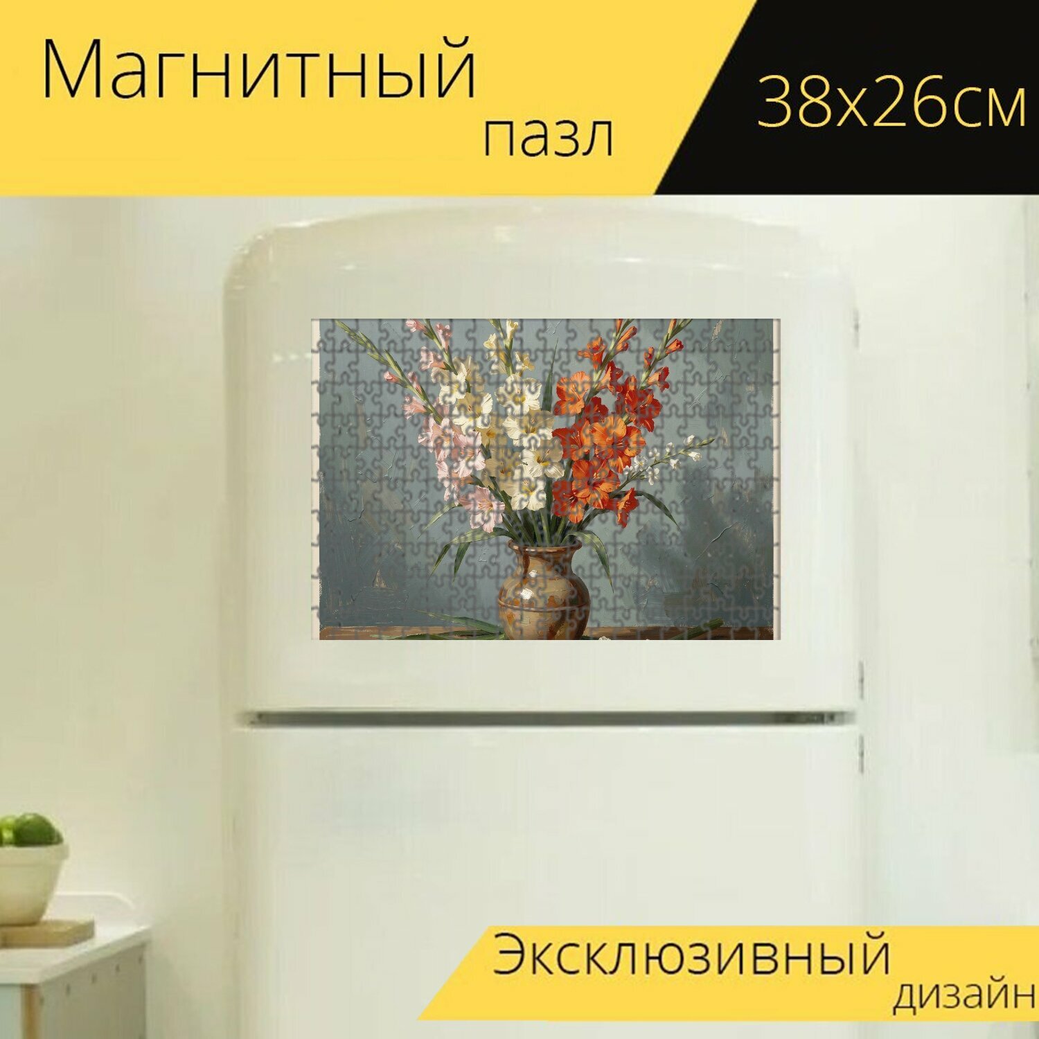 Магнитный пазл "Гладиолусы в керамической вазе. Натюрморт с пышным букетом садовых цветов в глянцевом глиняном сосуде на деревянном столе. Масляная." для интерьера, 38х26 см.