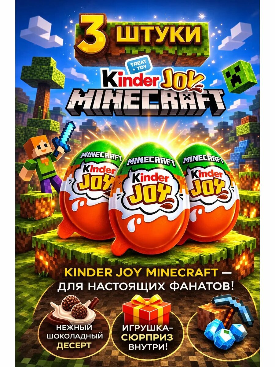Kinder Joy Minecraft - набор 3 шт. Шоколадное яйцо с игрушкой