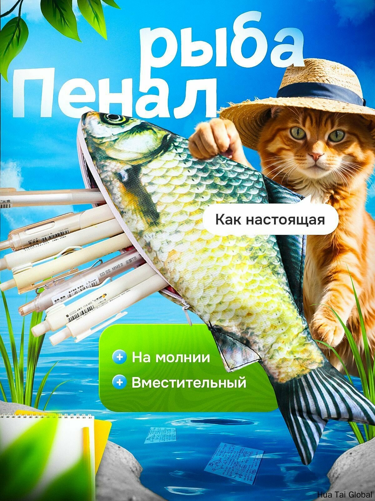 Прикольный пенал "Рыба", в виде рыбы, для школы, мягкий, 1 отделение, 29x13