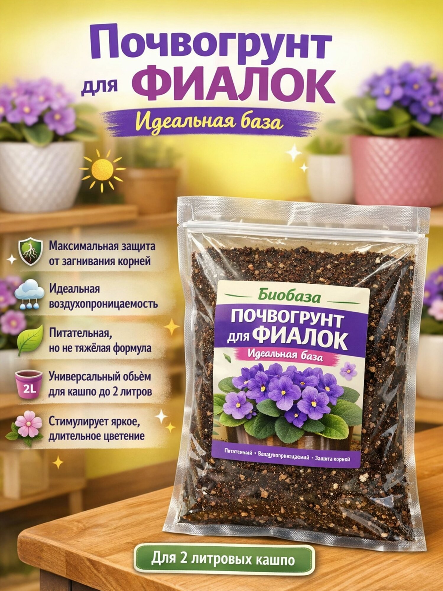 Почвогрунт для фиалок для кашпо до 2л премиум грунт для растений