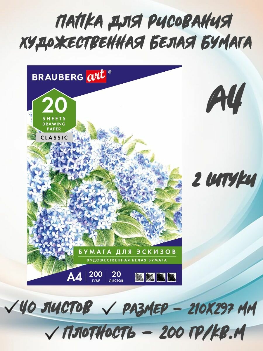BRAUBERG Папка для рисования А4, 20 листов, 200 г/м2, 210х297 мм, "Сирень", 2 штуки