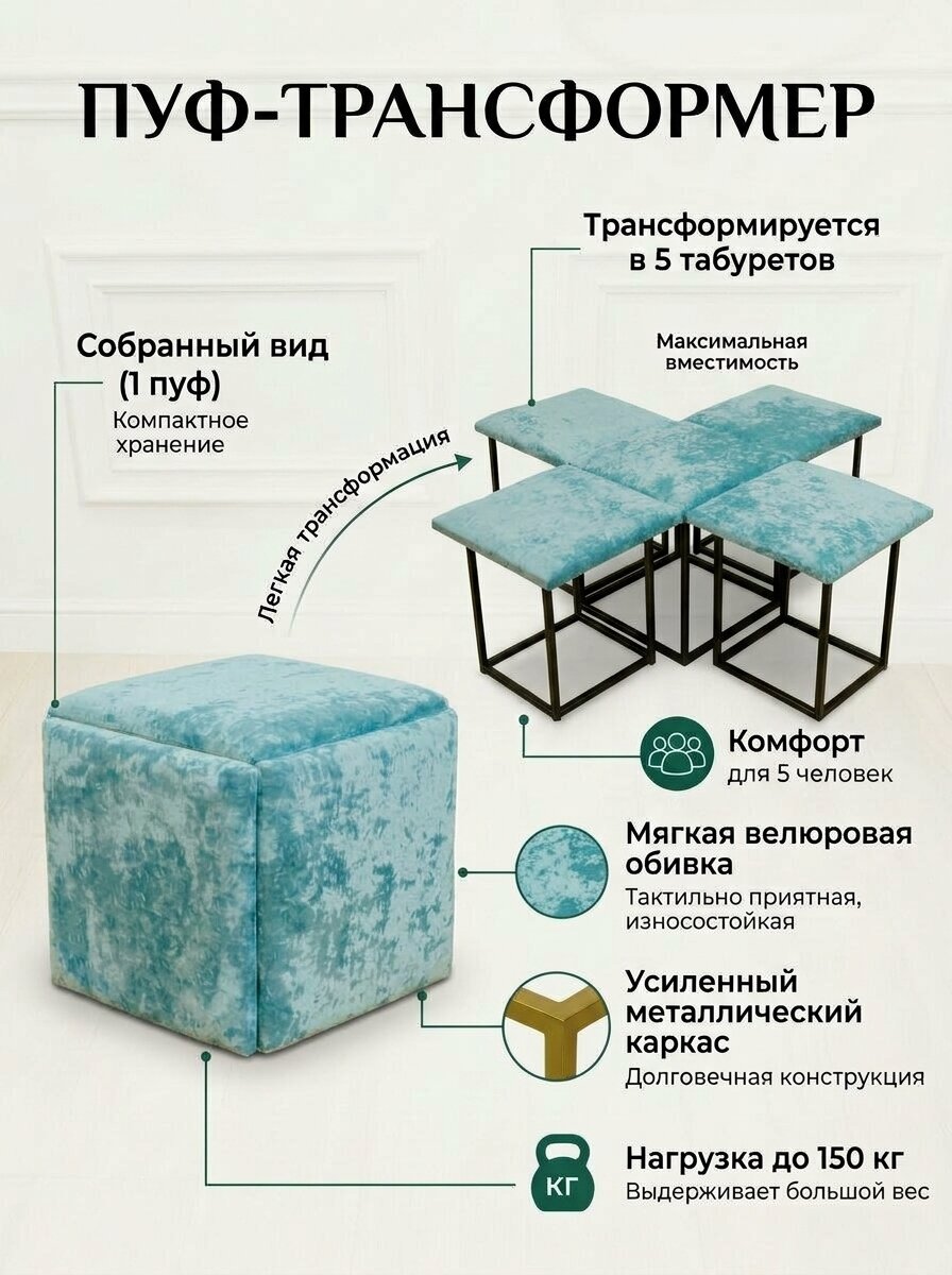 Большой пуфик из табуреток 5шт, велюр бирюзовый с металлическими ножками, интерьерный, трансформер 5 в 1