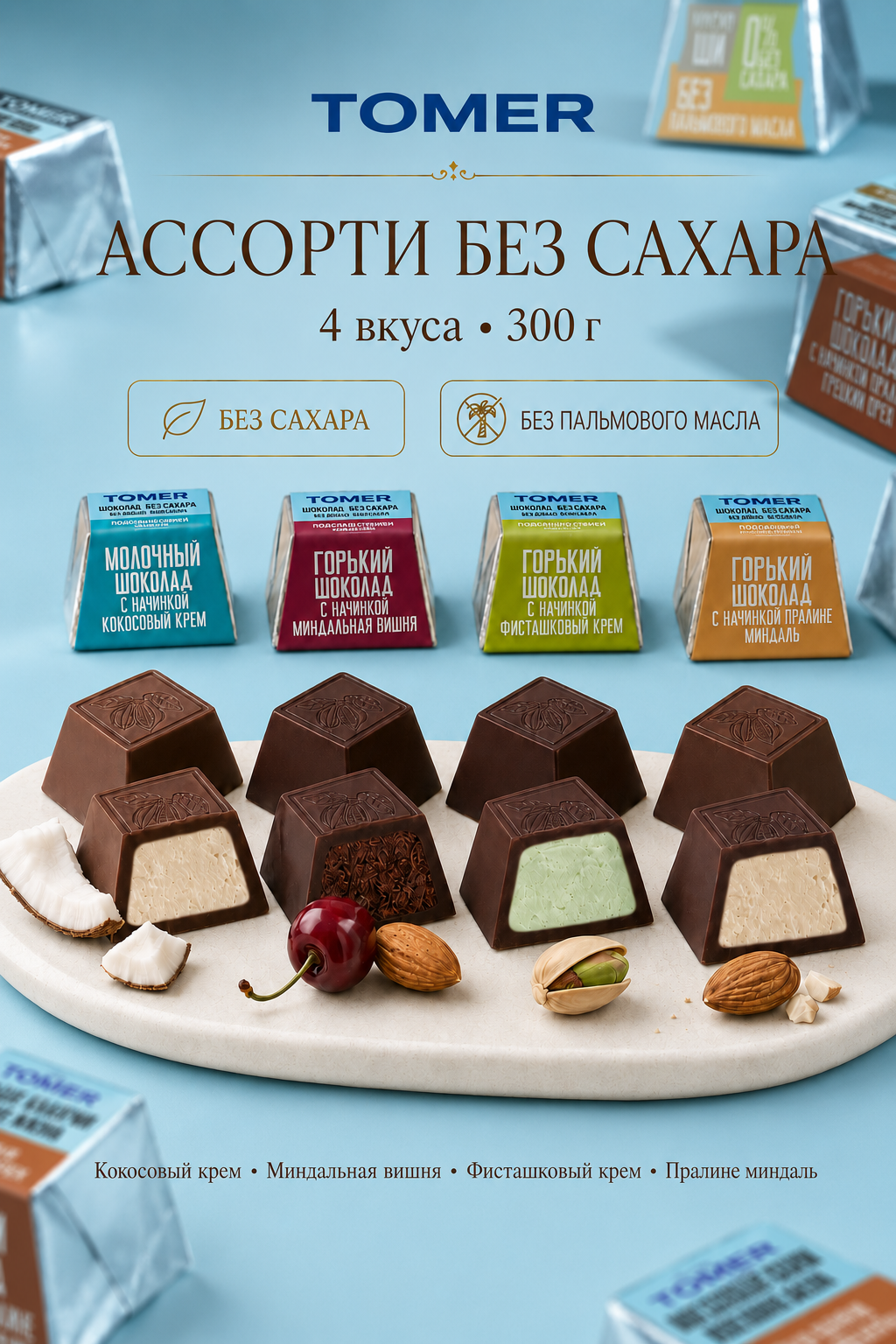 Конфеты ассорти без сахара 300 гр. шоколадные "Томер" с начинкой