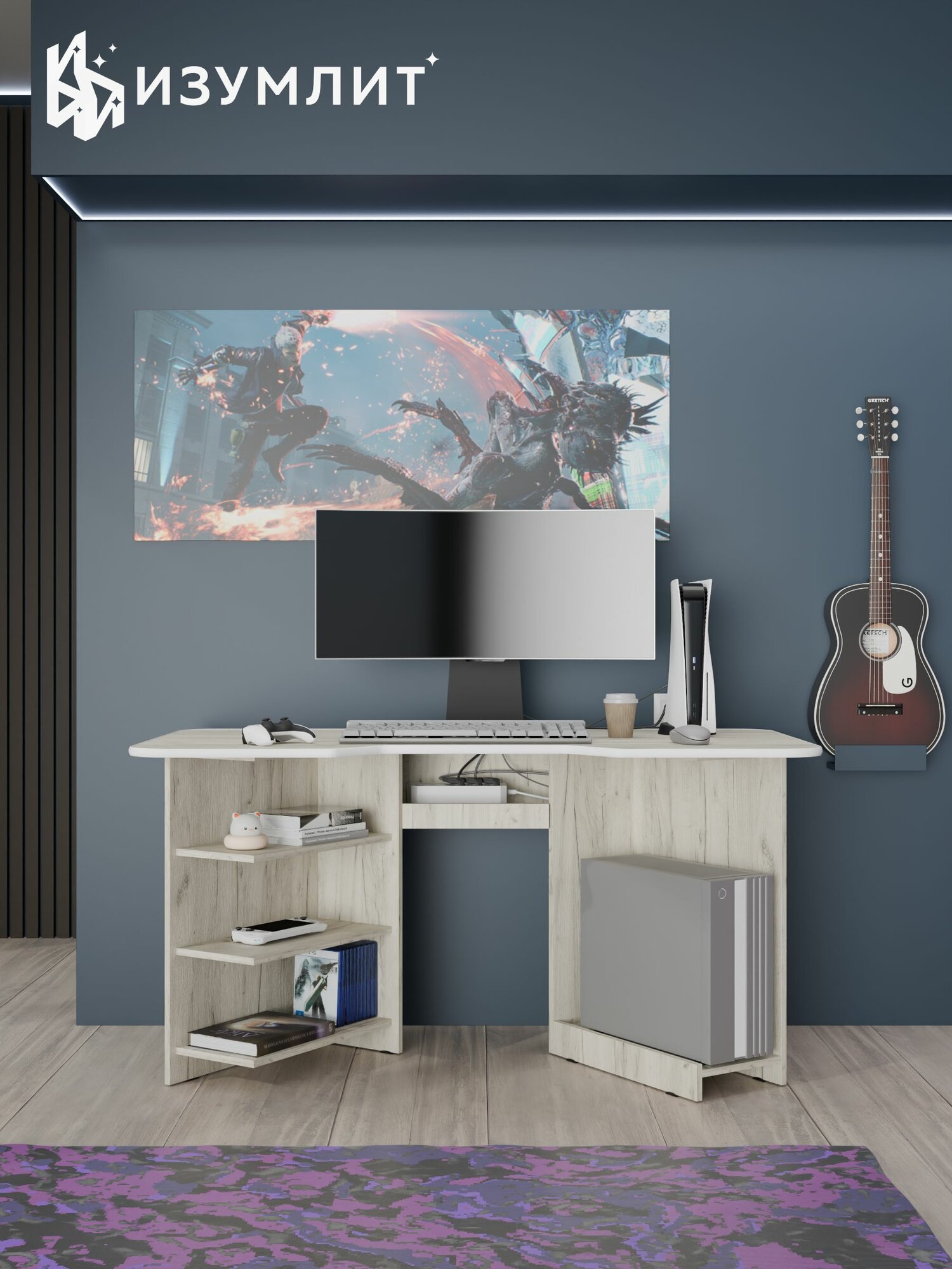 Изумлит Стол игровой компьютерный, прямой 150х80х77.4 см, дуб крафт белый-кромка белая