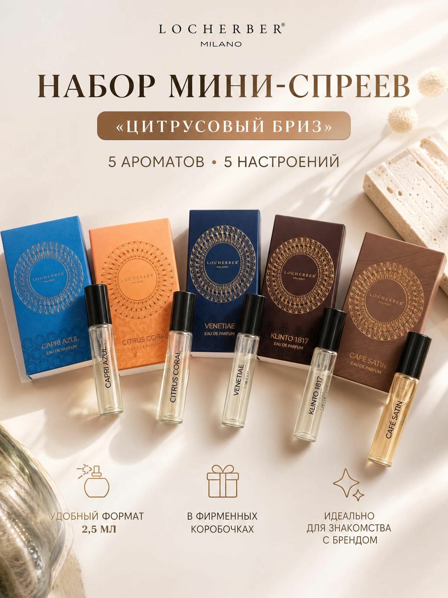 LOCHERBER MILANO Парфюмерный набор "Цитрусовый бриз" 5 шт по 2,5 мл (Capri Azul, Venetiae, Citrus Coral, Klinto 1817, Cafе Satin)