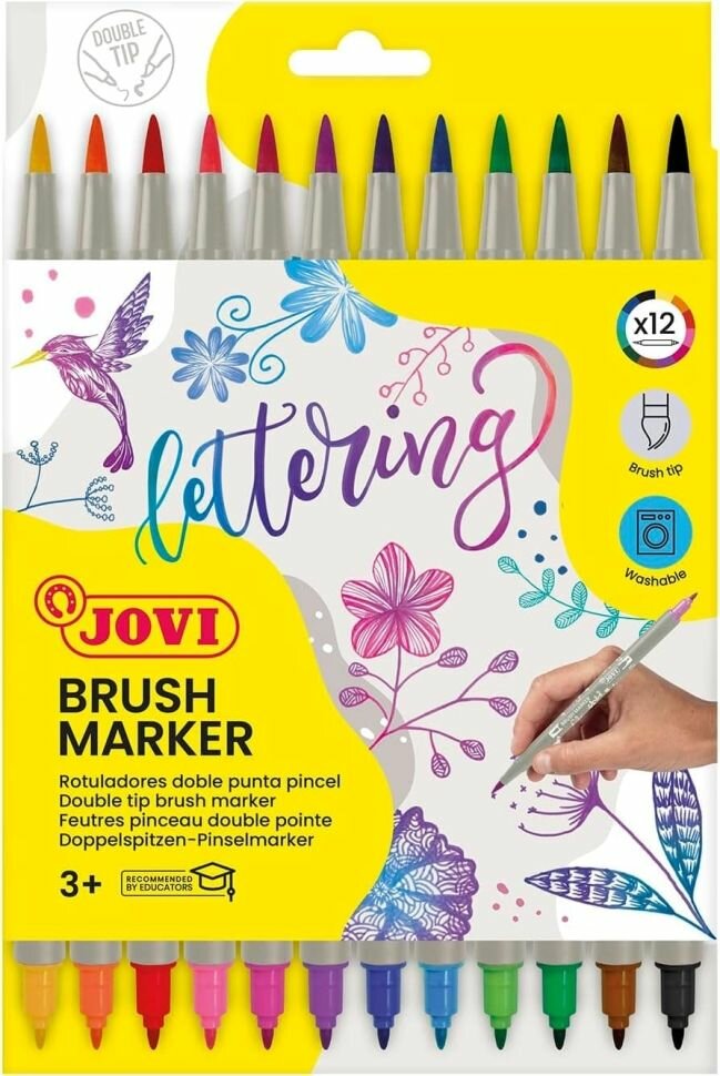 Набор двухсторонних маркеров-кистей JOVI "Lettering", 12цв, на водной основе, кисть/пулевидный