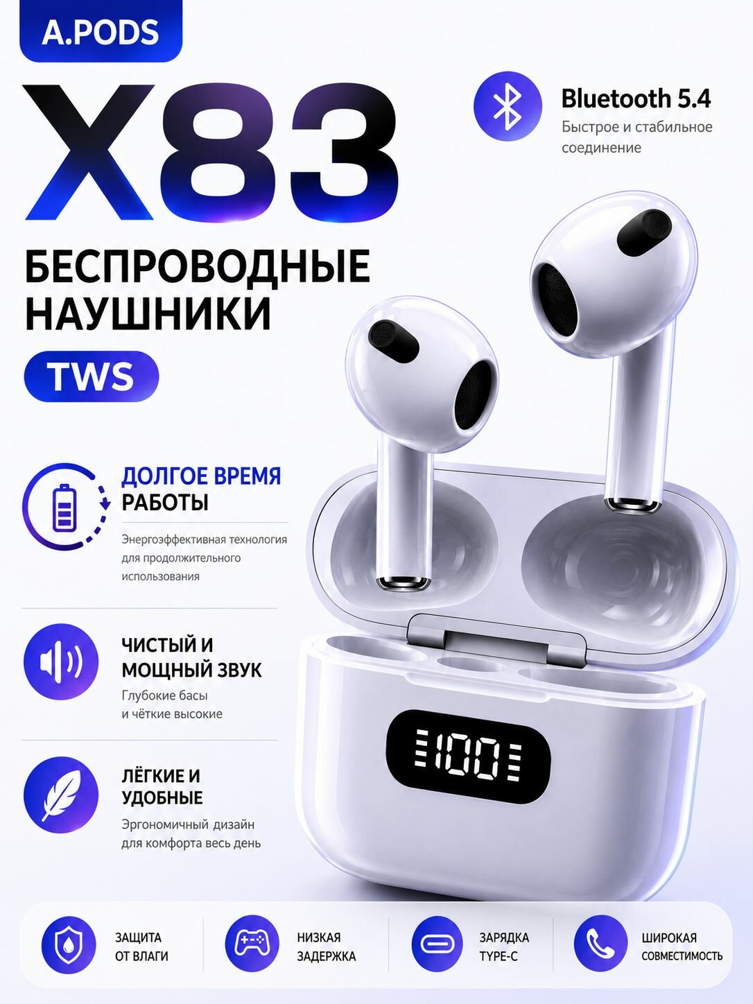 Беспроводные наушники A.PODS X83 TWS Bluetooth 5.4 с LED-дисплеем, долгий срок автономной работы, белые