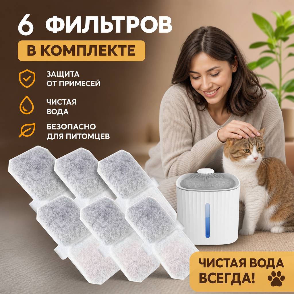 Автоматическая поилка-фонтан для питомцев, белый, фильтр с активированным углем