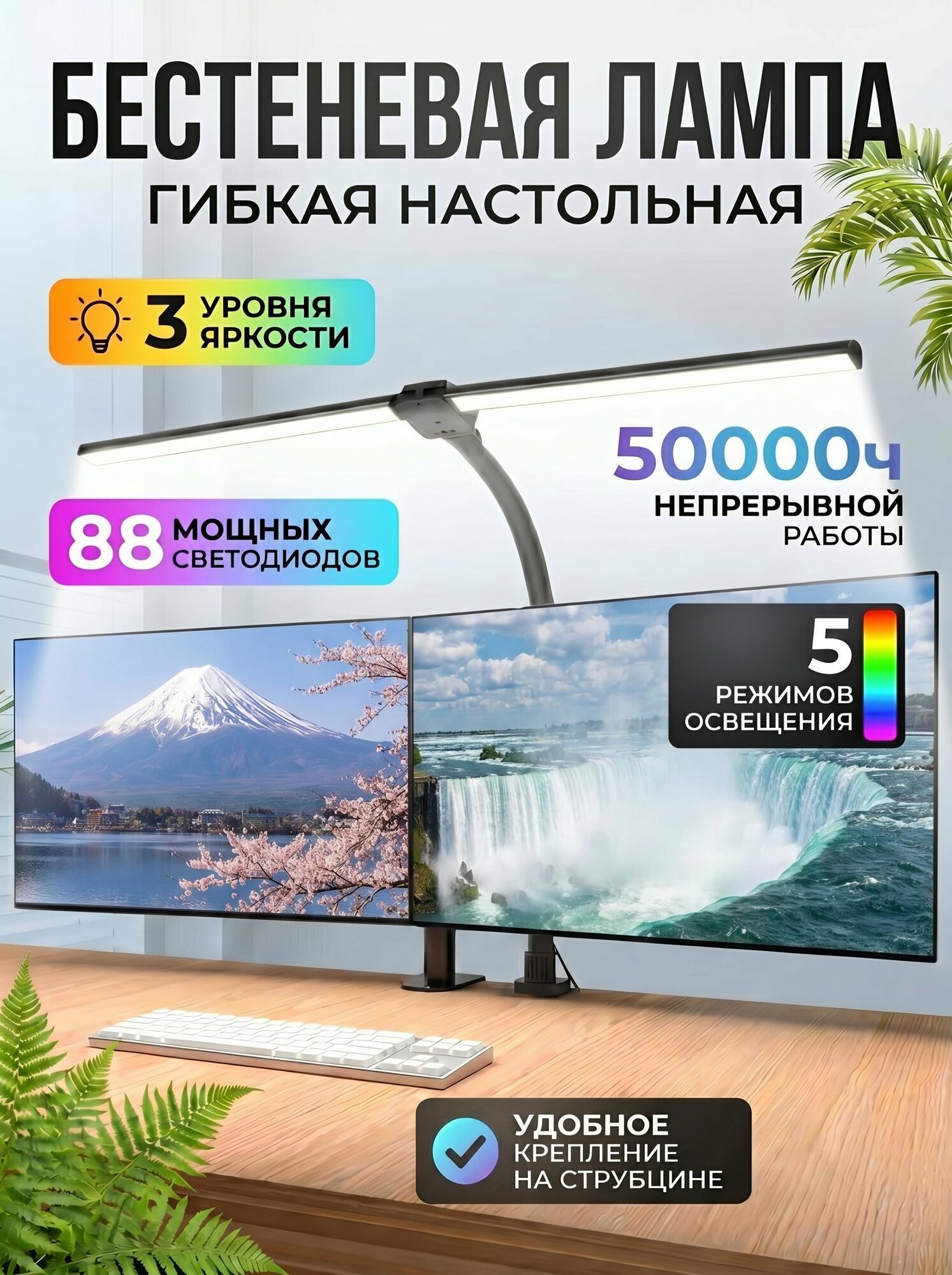 Лампа настольная бестеневая светодиодная на струбцине / Лампа для монитора, светодиодная настольная бестеневая