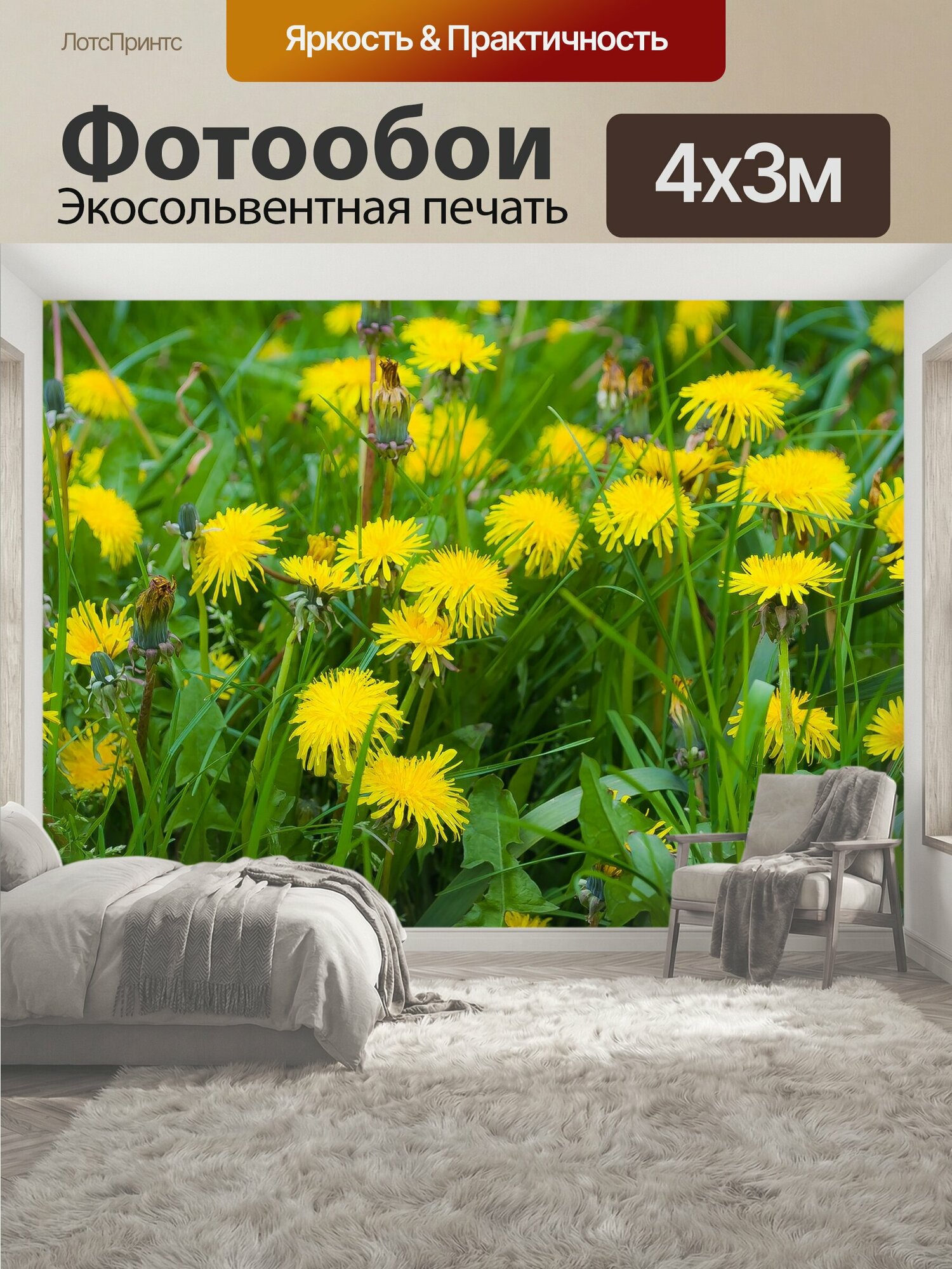 Фотообои "Одуванчик, одуванчики, пух" 400x300 см. экосольвентная печать