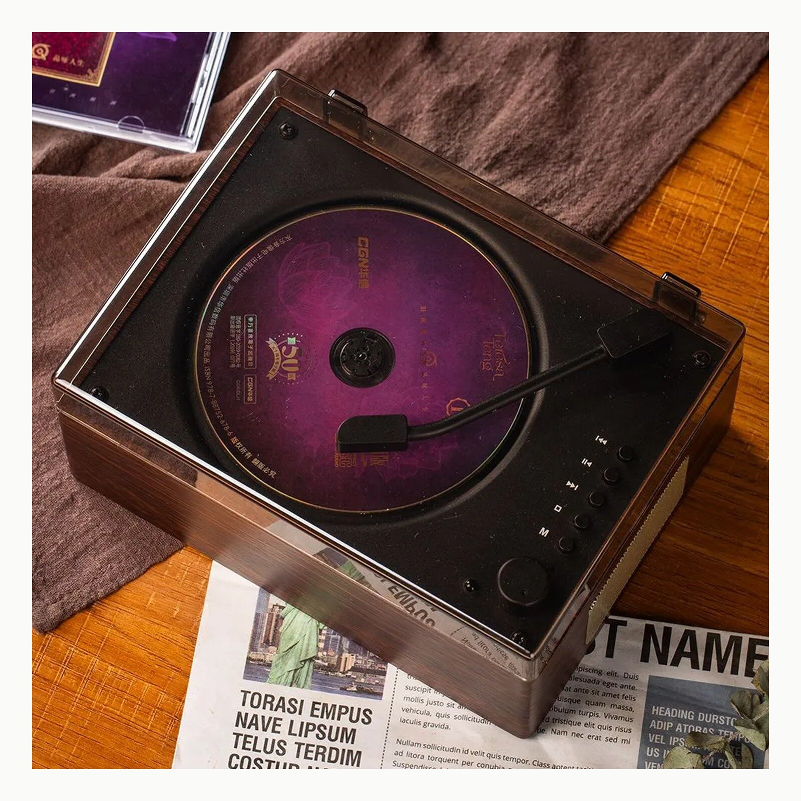 Портативный CD-плеер винтажный деревянный Bluetooth-проигрыватель для виниловых пластинок — фото 1