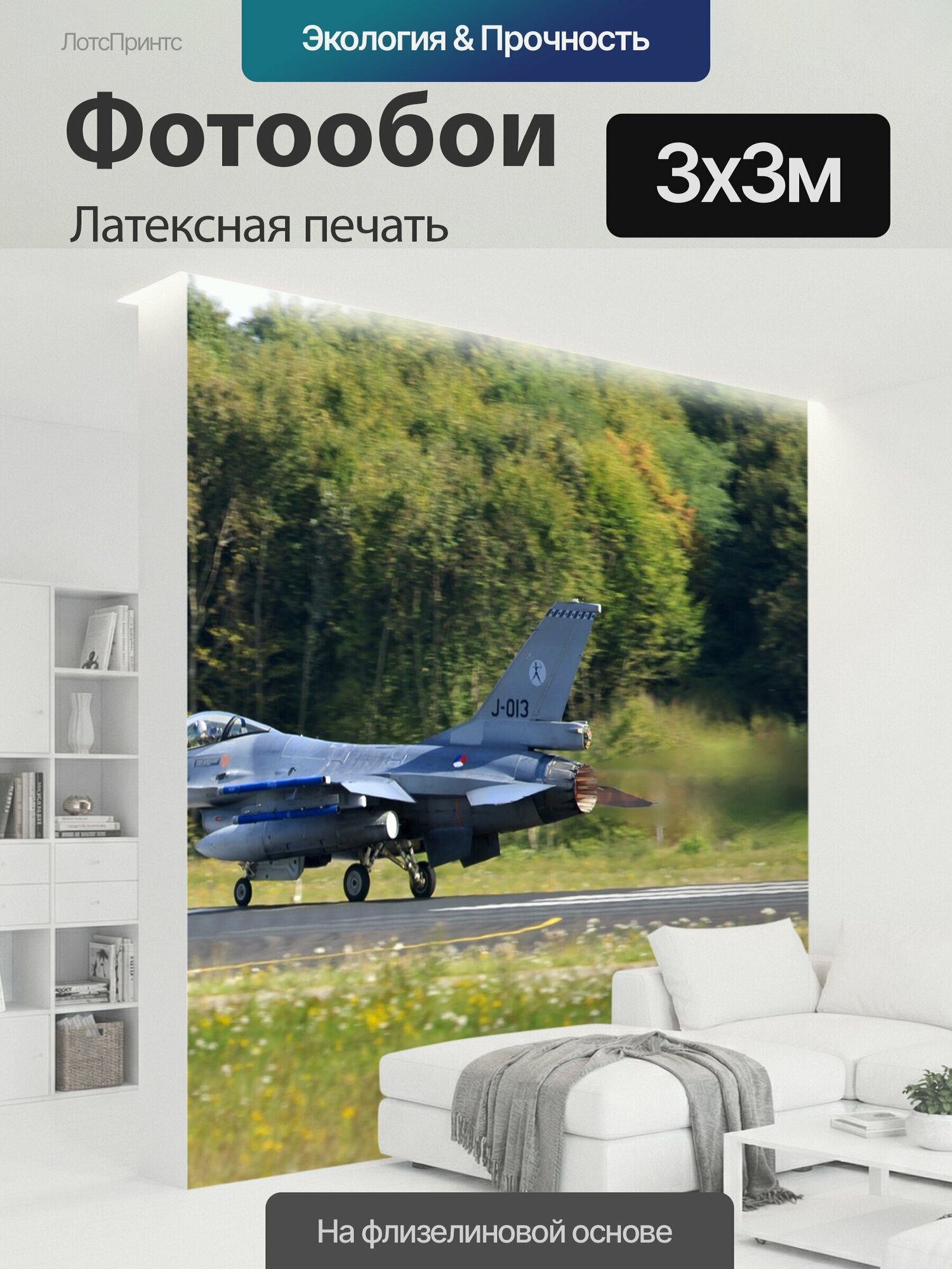 Фотообои моющиеся ударопрочные "Реактивный истребитель, самолеты, военные истребители" 300x300 см. латексная печать