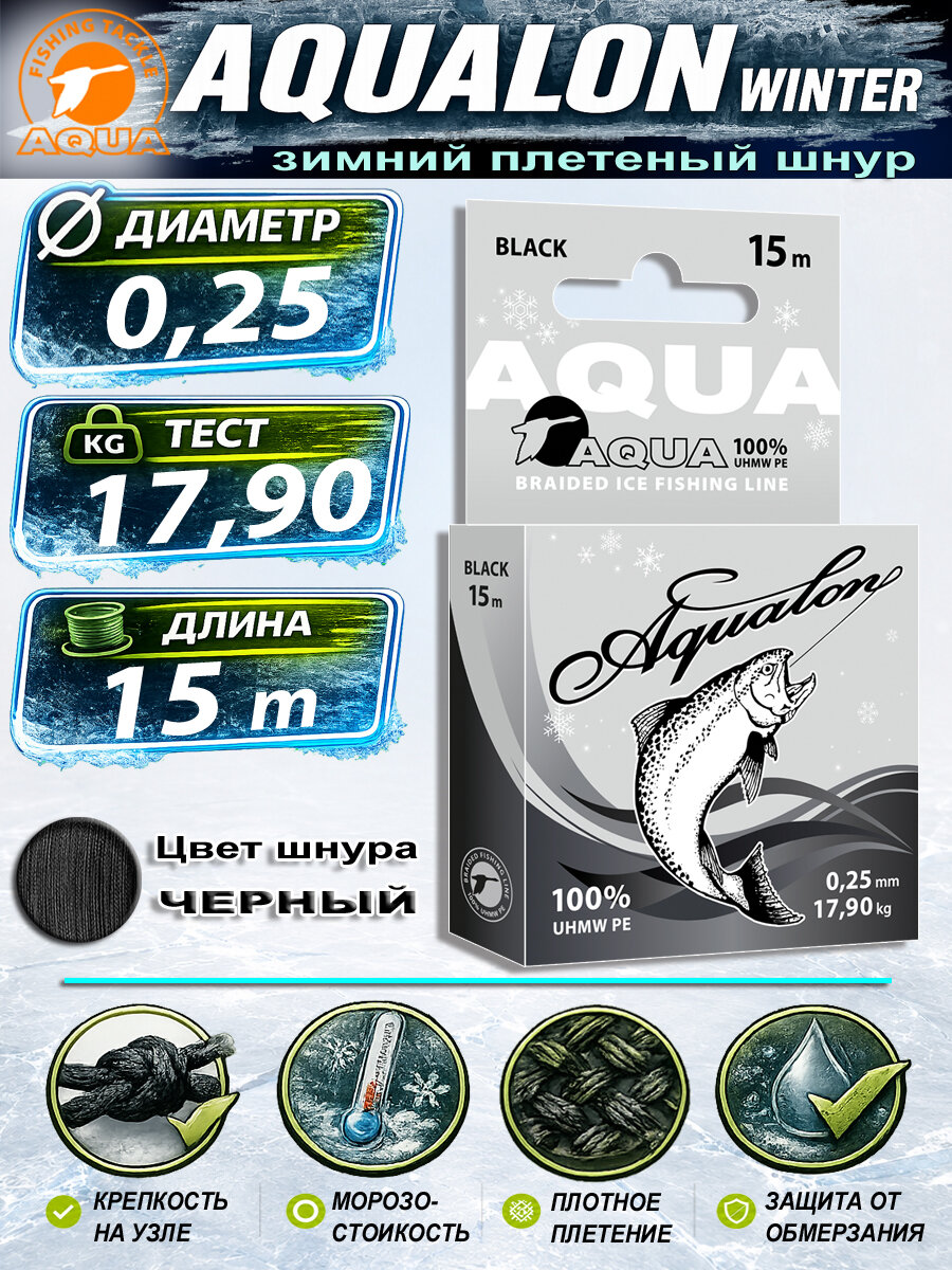 Плетеный шнур для рыбалки зимний AQUA Aqualon Black 15m 0.25mm 17.90kg