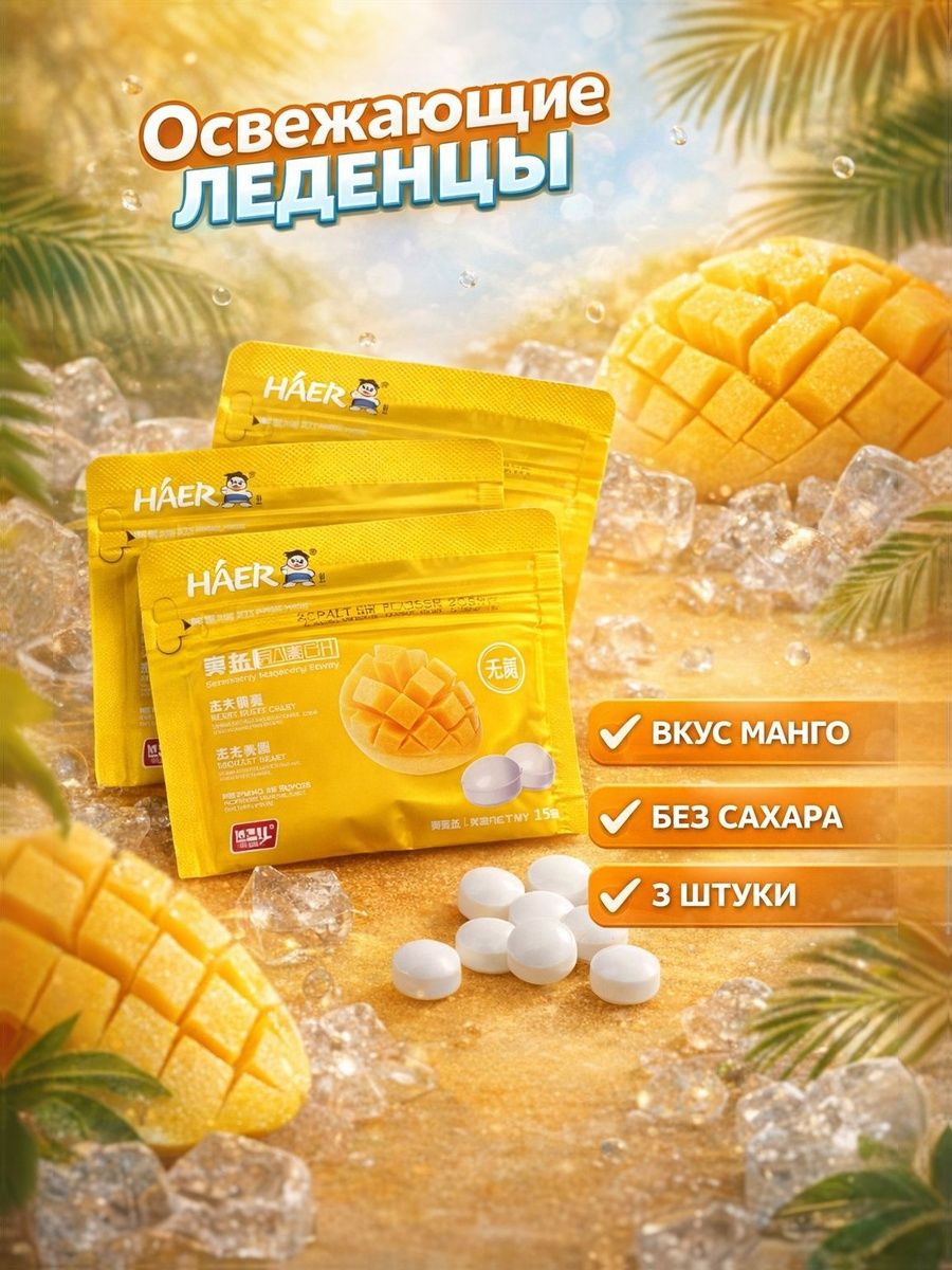 Леденцы "Яркий Мята Манго", без сахара, освежающие, 3шт, 65г