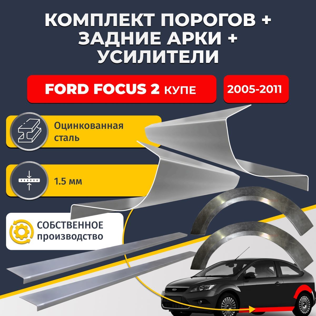 Комплект ремонтных задних арок(0,8 мм) и стандартных порогов(1,5 мм) + усилители (1,5 мм.) на Ford Focus 2 2004-2011 купе (Форд Фокус 2). Материал оцинкованная сталь.