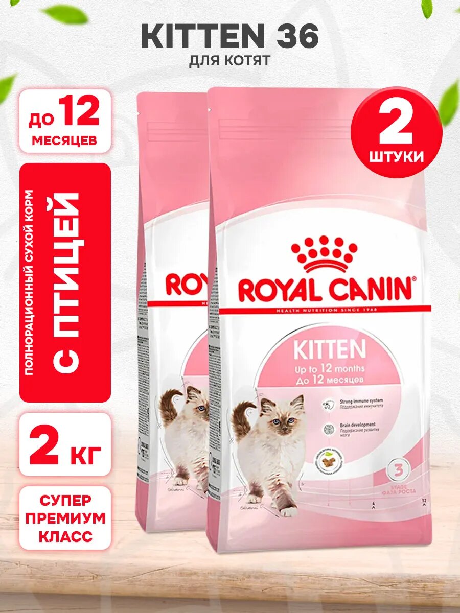 Корм сухой Royal Canin Kitten 36 для котят, 2 кг х 2 шт