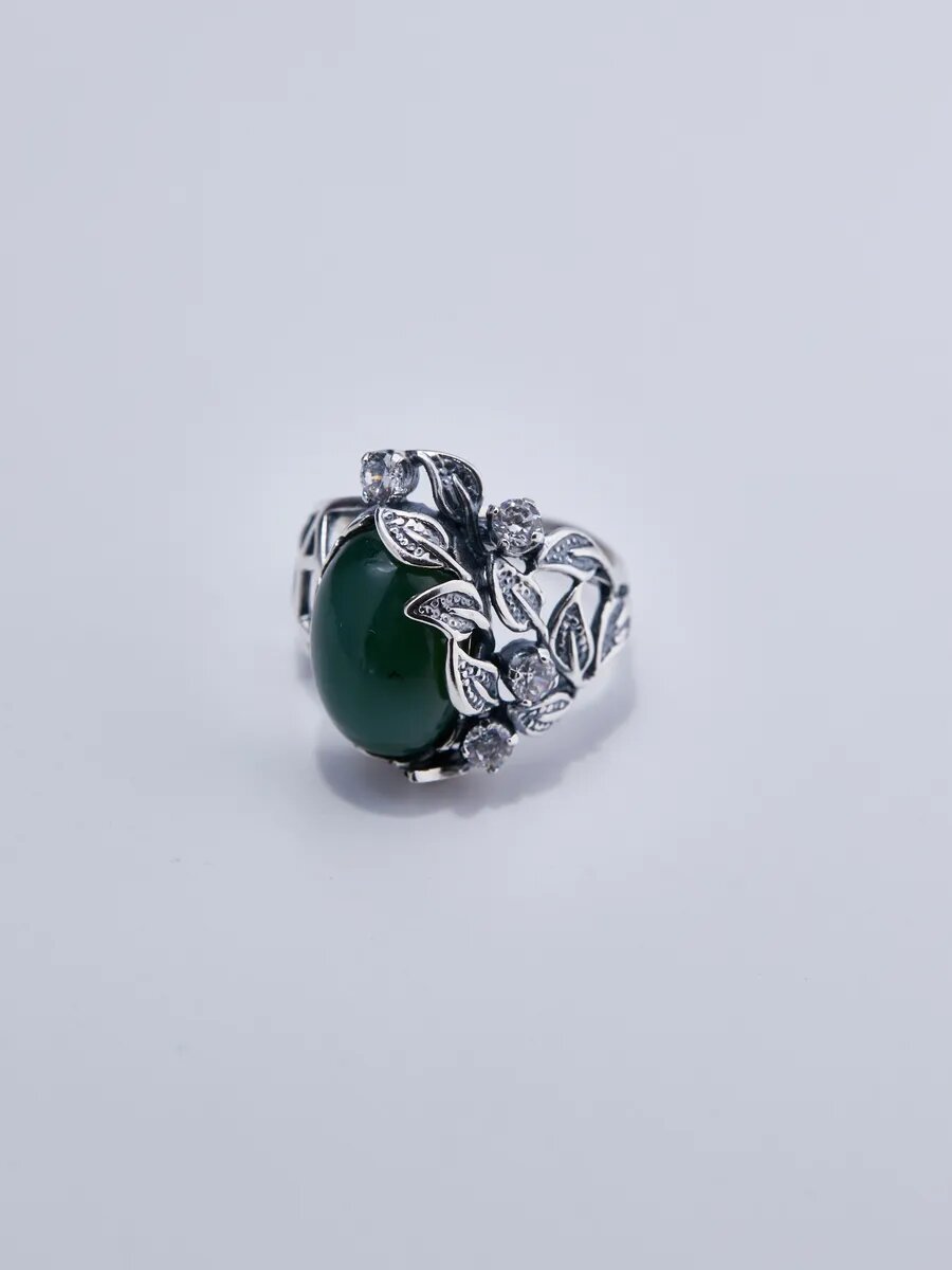 Кольцо БРЮС, серебро, 925 проба, фианит, нефрит
