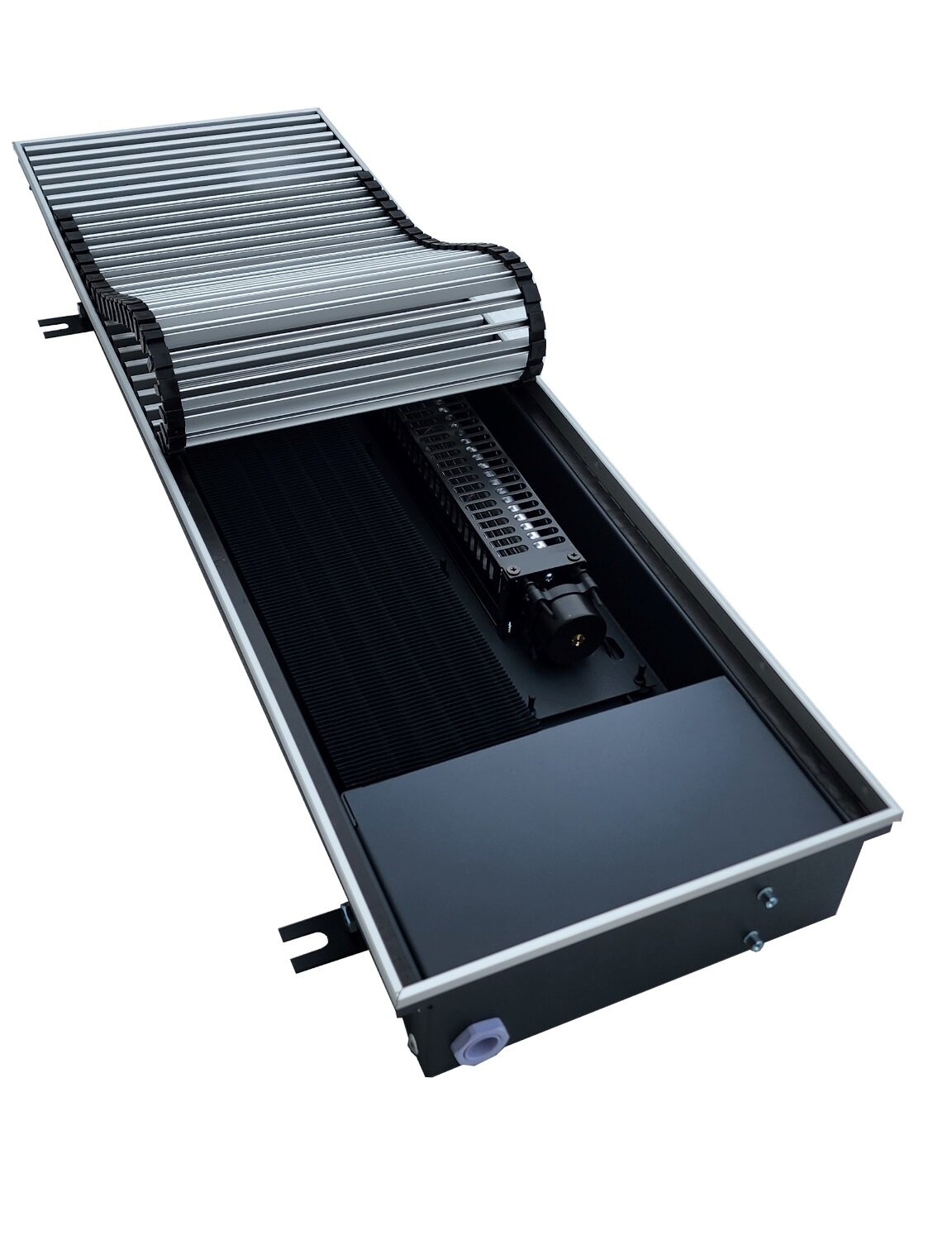 Внутрипольный конвектор Techno Power Vent KVZVh 250-75-1400/24V/C с вентилятором 24В и рулонной решеткой цвет серебро