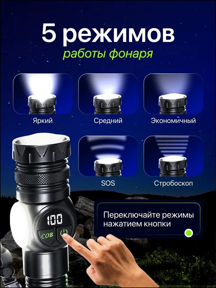 Фонарь ручной аккумуляторный лазерный светодиодный с дисплеем, 9 режимов, 5000 метров, алюминиевый сплав 320 г, батарея 26650 — фото 1