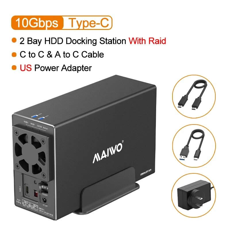 MAIWO Корпус для накопителей SATA RAID размера 3,5 дюйма с двумя ячейками, док-станция для жестких дисков с интерфейсом USB3.1 Type-C 10Gbps, поддерживающая режимы RAID 0 /1
