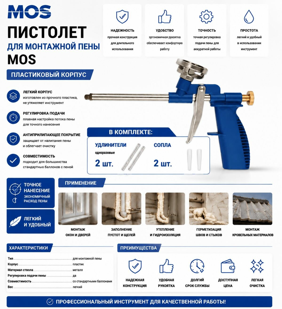 Пистолет для монтажной пены MOS пластиковый корпус , арт.14295М