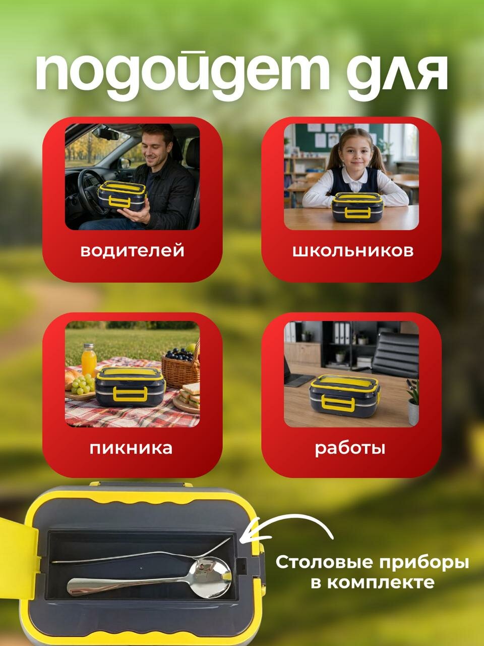 Практичный ланч-бокс с функцией подогрева 1500 мл с питанием от сети и от автоприкуривателя