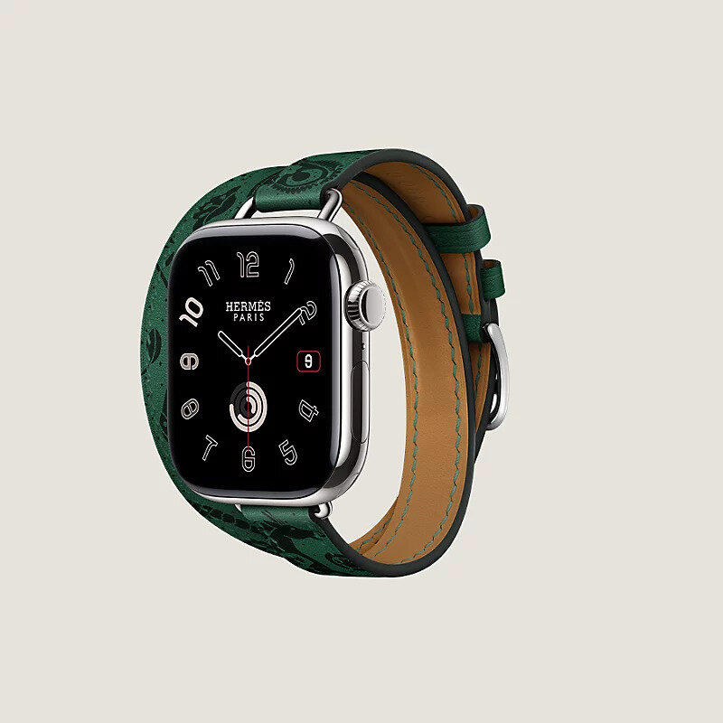 Часы Apple Watch Hermès Series 11 GPS + Cellular 42mm Silver Titanium Case with Vert Moyen Animaux Bandana Double Tour