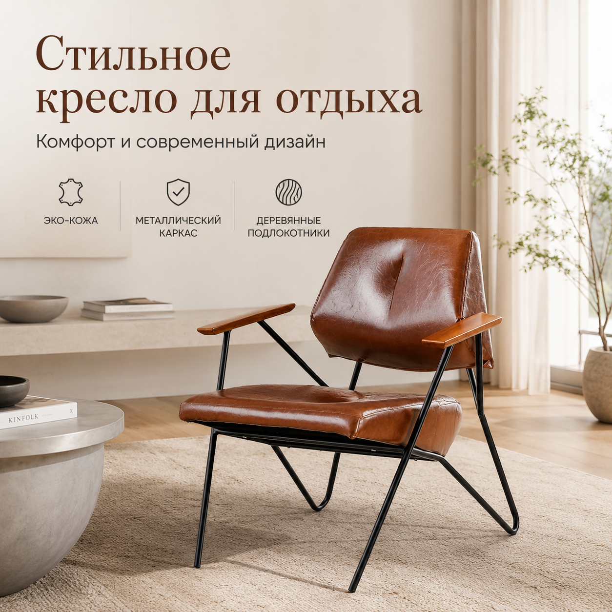 Кресло , кожаное, с жёсткими подлокотниками, максимальная нагрузка 200 кг, цвет темно-коричневый