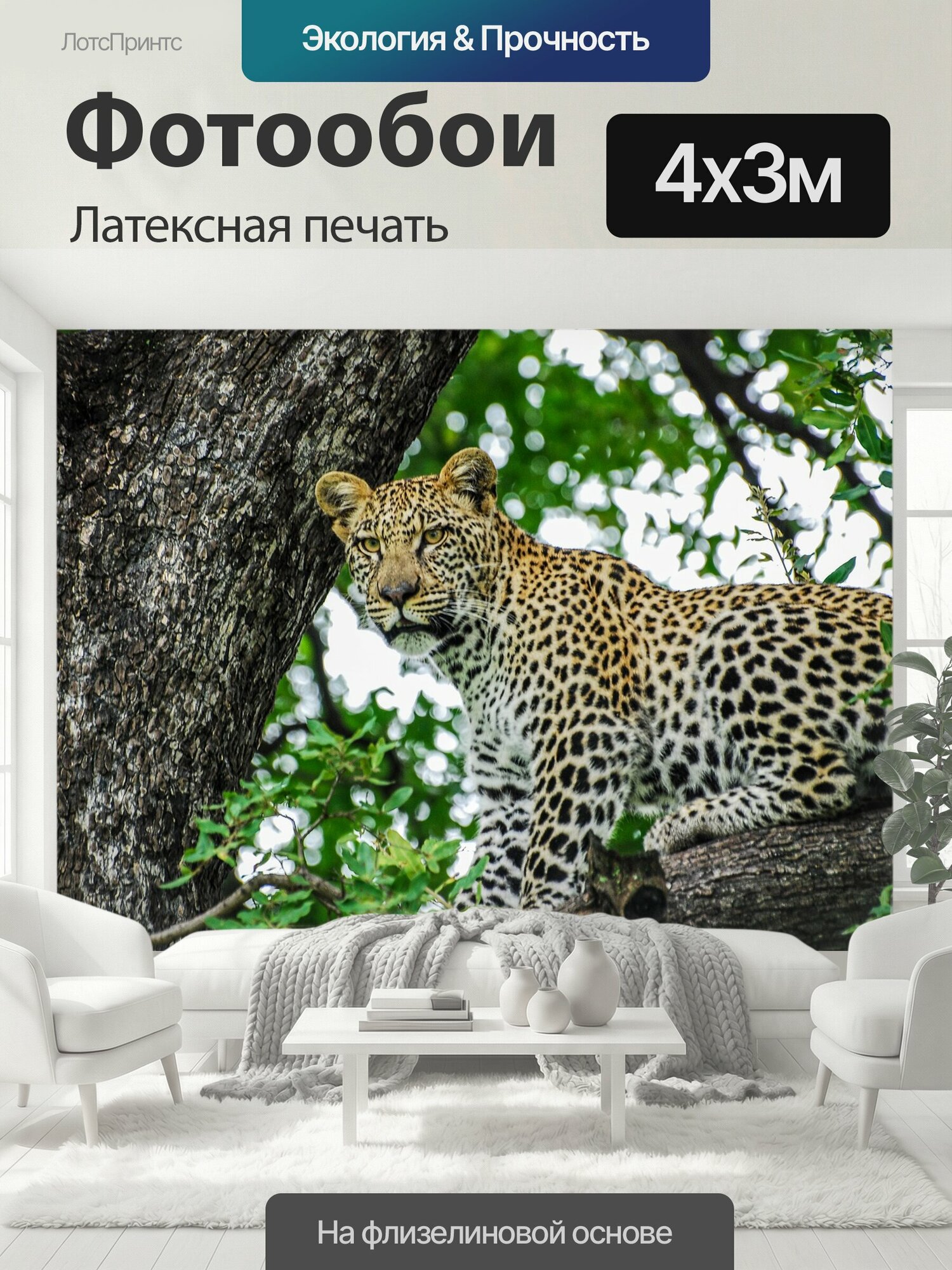 Фотообои моющиеся ударопрочные "Леопард, большие кошки, кошка" 400x300 см. латексная печать