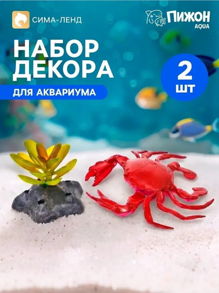 Яркий декор для аквариума: краб и зелень